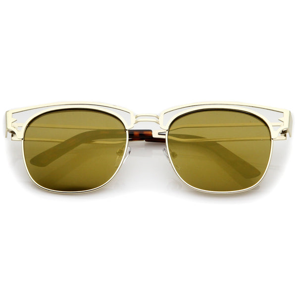 Modern Laser Cut Horned Rim Flat Mirror Lens Sunglasses - zeroUV